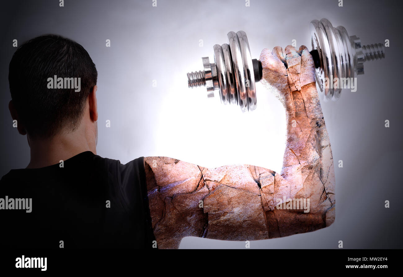 Weight and muscle concept background.Exercise and gym objects Stock ...