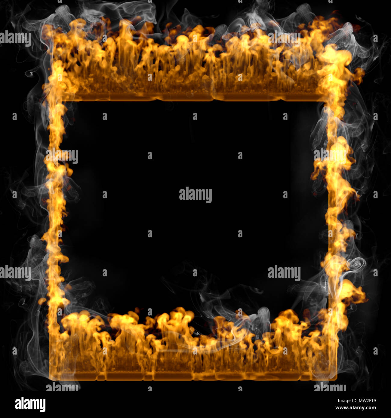 3d rendering fire frame square isolated over black and smoke background ...