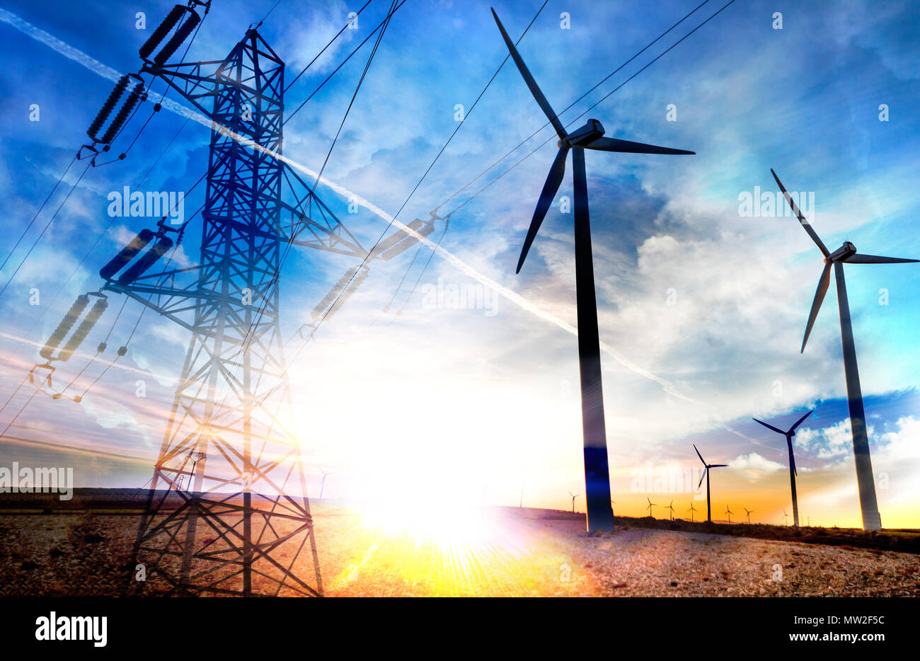 abstract double exposure renewable energies. Wind farm. Wind Turbines ...