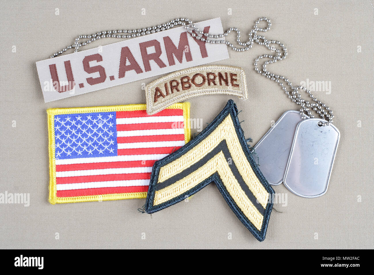 KIEV, UKRAINE - August 21, 2015. US ARMY Corporal rank patch, airborne ...