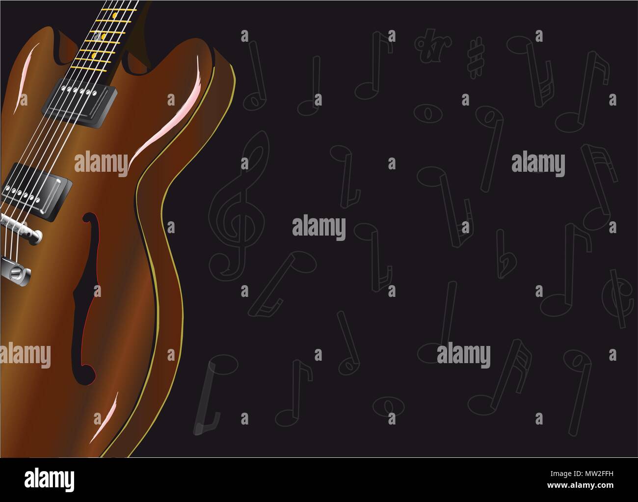 A brown wood electric guitar over a dark fading background dotted with ...