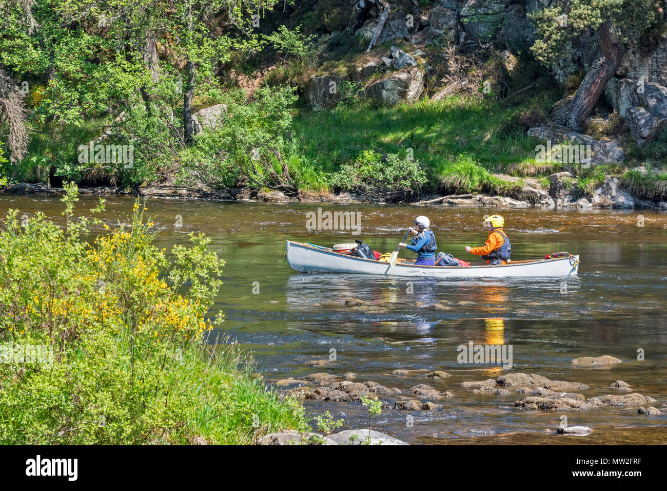 RIVER SPEY SPEYSIDE TAMDHU SCOTLAND CANOE CANOEIST GREY CANOE WITH TWO ...