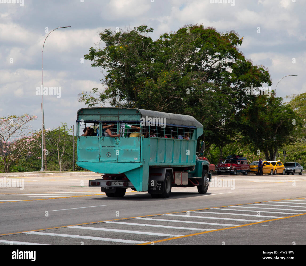 Converted lorries serving as buses in Santa Clara, Cuba Stock Photo - Alamy