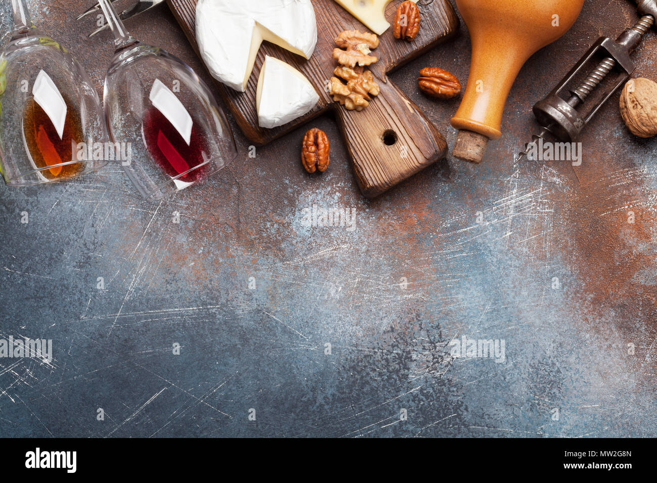 Wine, nuts and cheese. Top view with space for your text Stock Photo ...