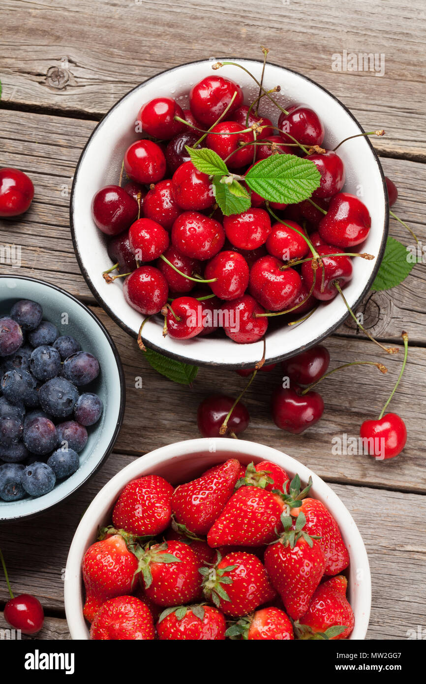 Fresh summer berries. Cherry, blueberry and strawberry. Top view Stock ...