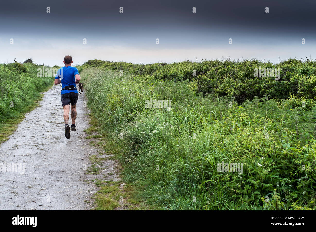 A man running along a farm track on West Pentire in Newquay in Cornwall ...