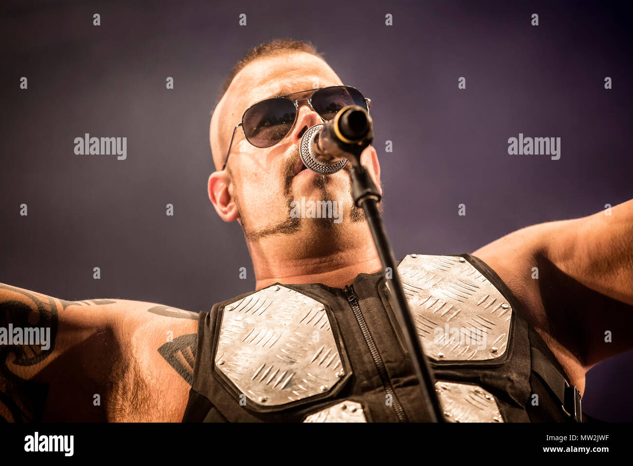 Norway, Halden - June 25, 2017. The Swedish heavy metal band Sabaton ...
