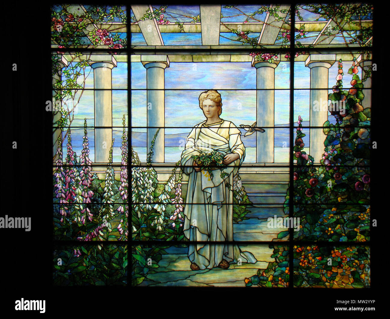 . English: Large stained glass window at main staircase landing at ...