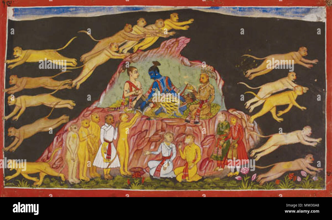 . English: A Mewar Ramayana manuscript, Sugriva sends out his monkey ...