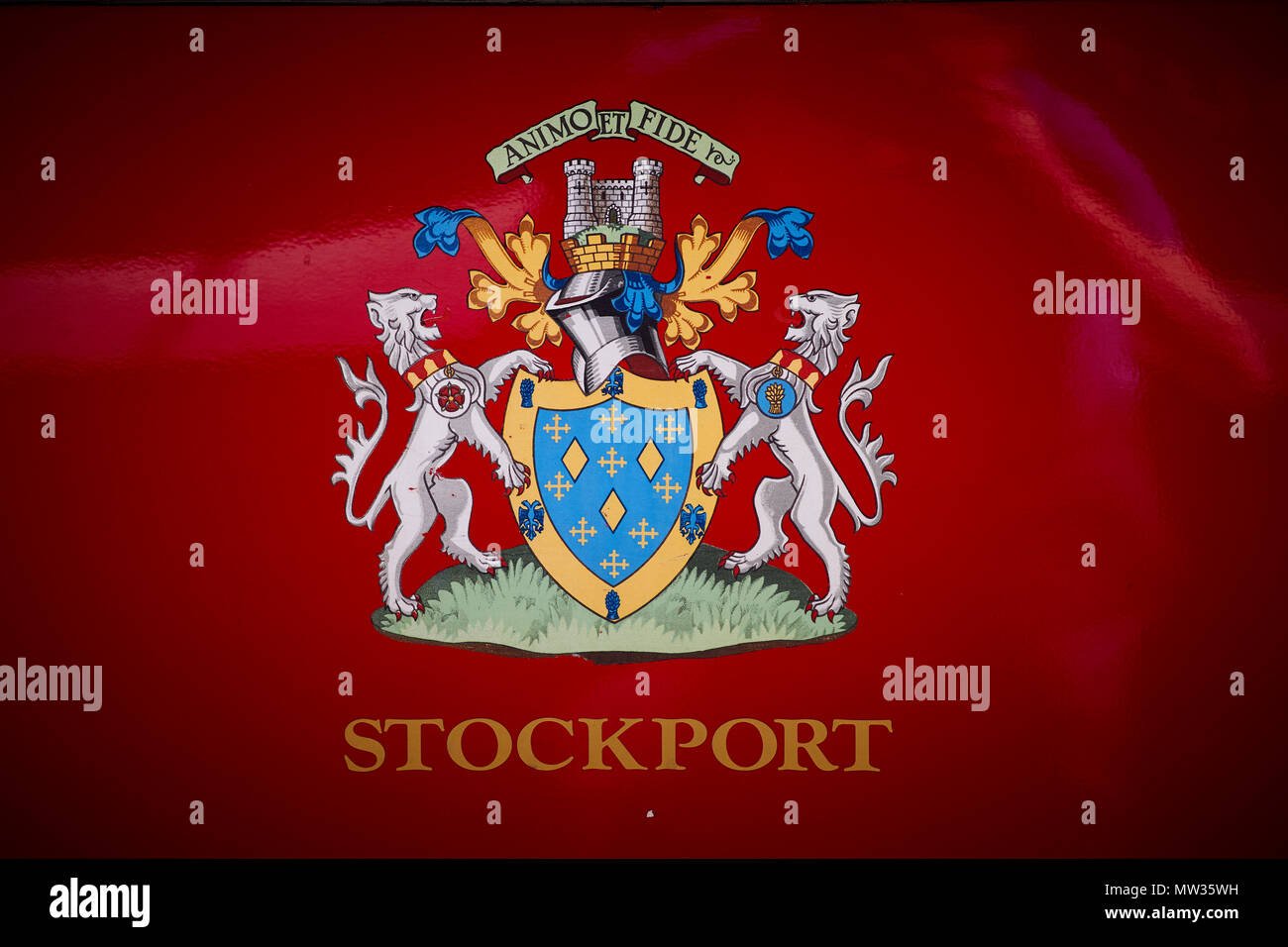 Stockport coat of arms crest on a Leyland Bus Stock Photo - Alamy