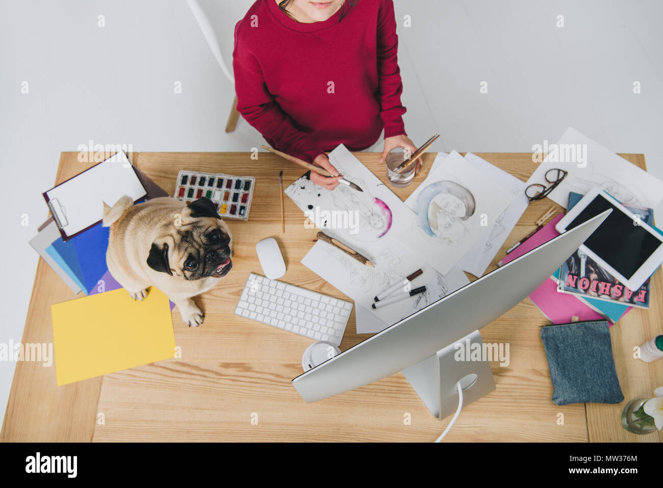 Female designer working on illustrations with cute pug on working table ...