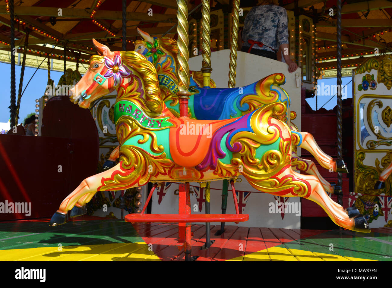 Detail of a metal horse on a merry-go-round at Sherborne Castle Country ...