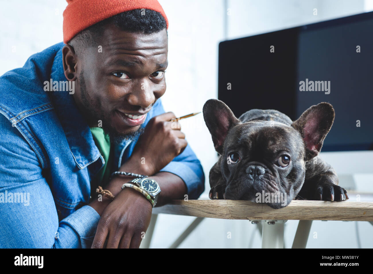 Handsome african american man with Frenchie dog by computer screen ...
