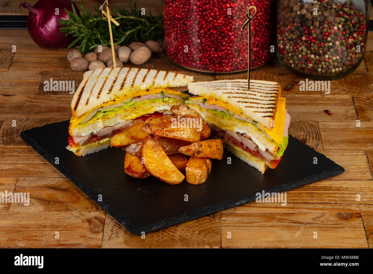 Delicious chef sandwich with fried french fries Stock Photo - Alamy