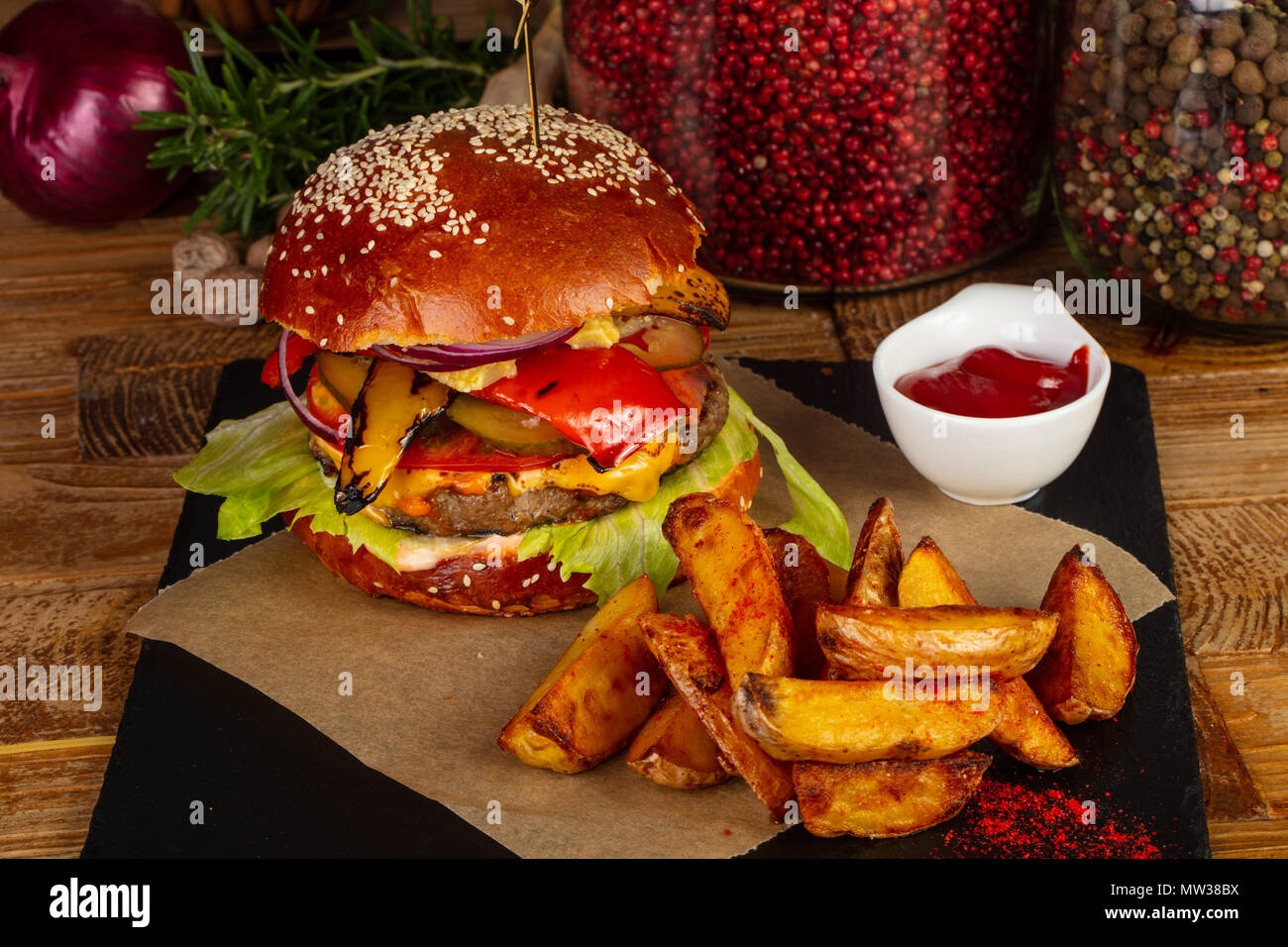Delicious chef burger with french fries Stock Photo - Alamy