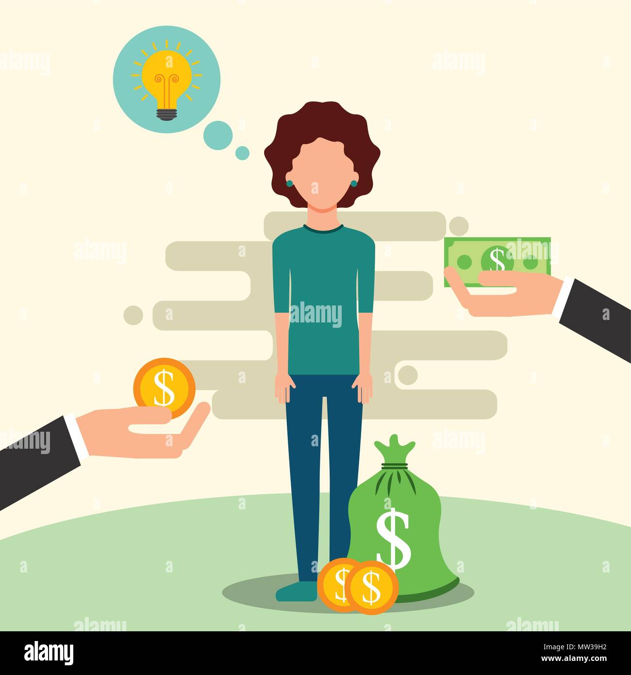 Woman holding money bag Stock Vector Images - Alamy
