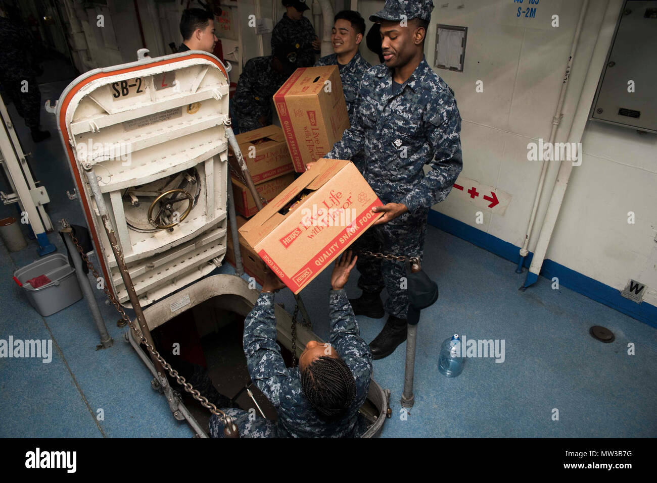 (April 27, 2017) Sailors transport supplies down a ladderwell aboard ...