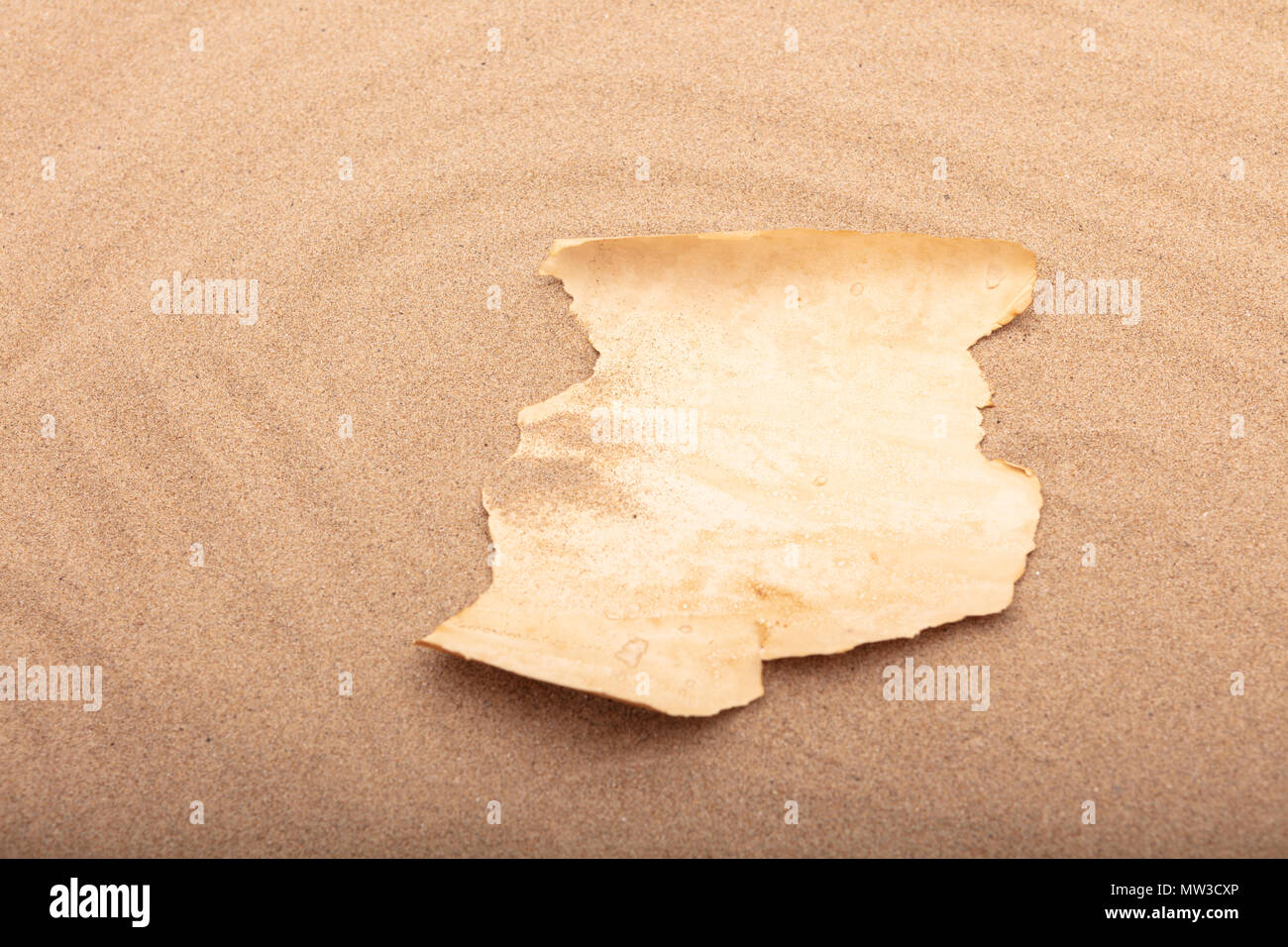 Opened blank message parchment is lying on the sand of a beach Stock ...