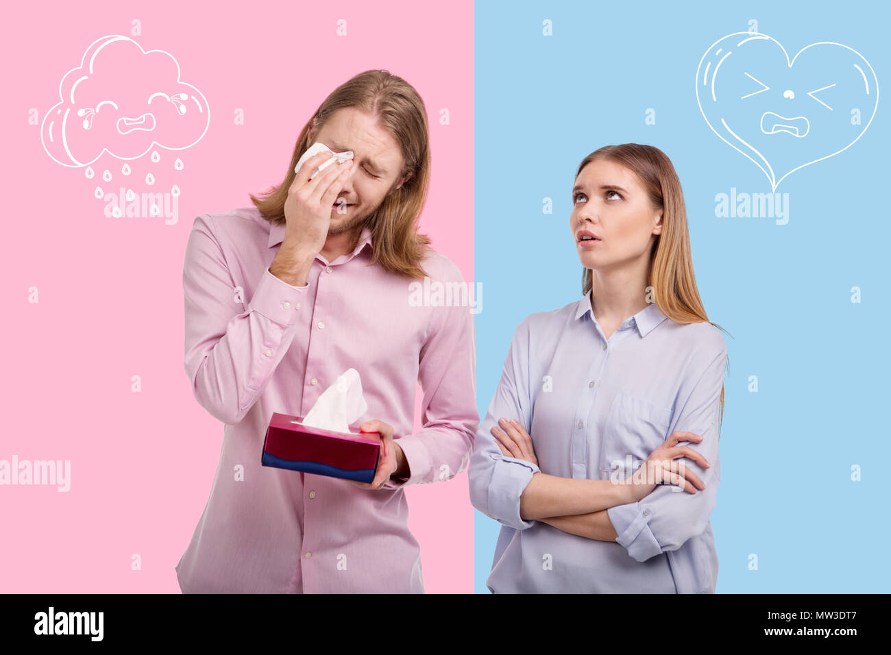 Young woman feeling irritated while her sensitive husband crying Stock ...