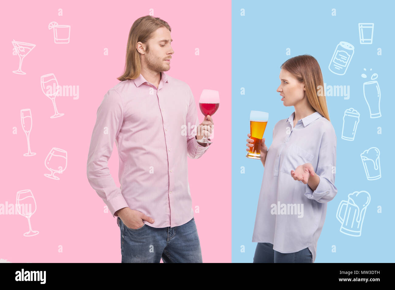 Emotional woman drinking disgusting beer while her husband drinking ...