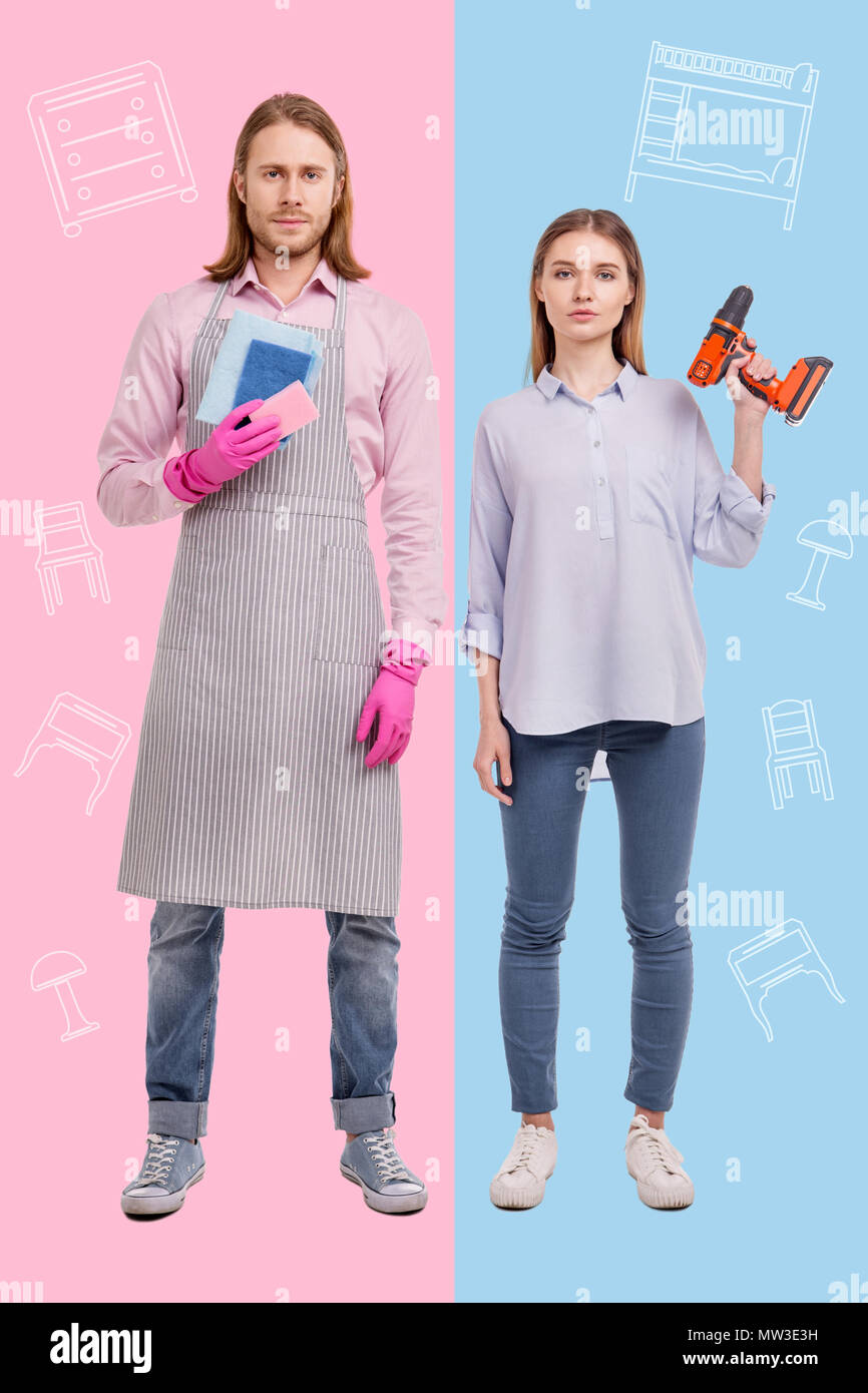 Modern couple looking unusual while showing new gender roles Stock ...