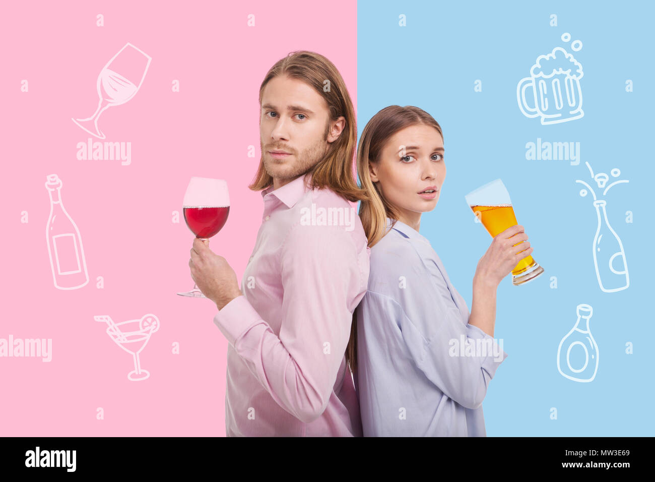 Calm people standing back to back and enjoying their alcohol drinks ...