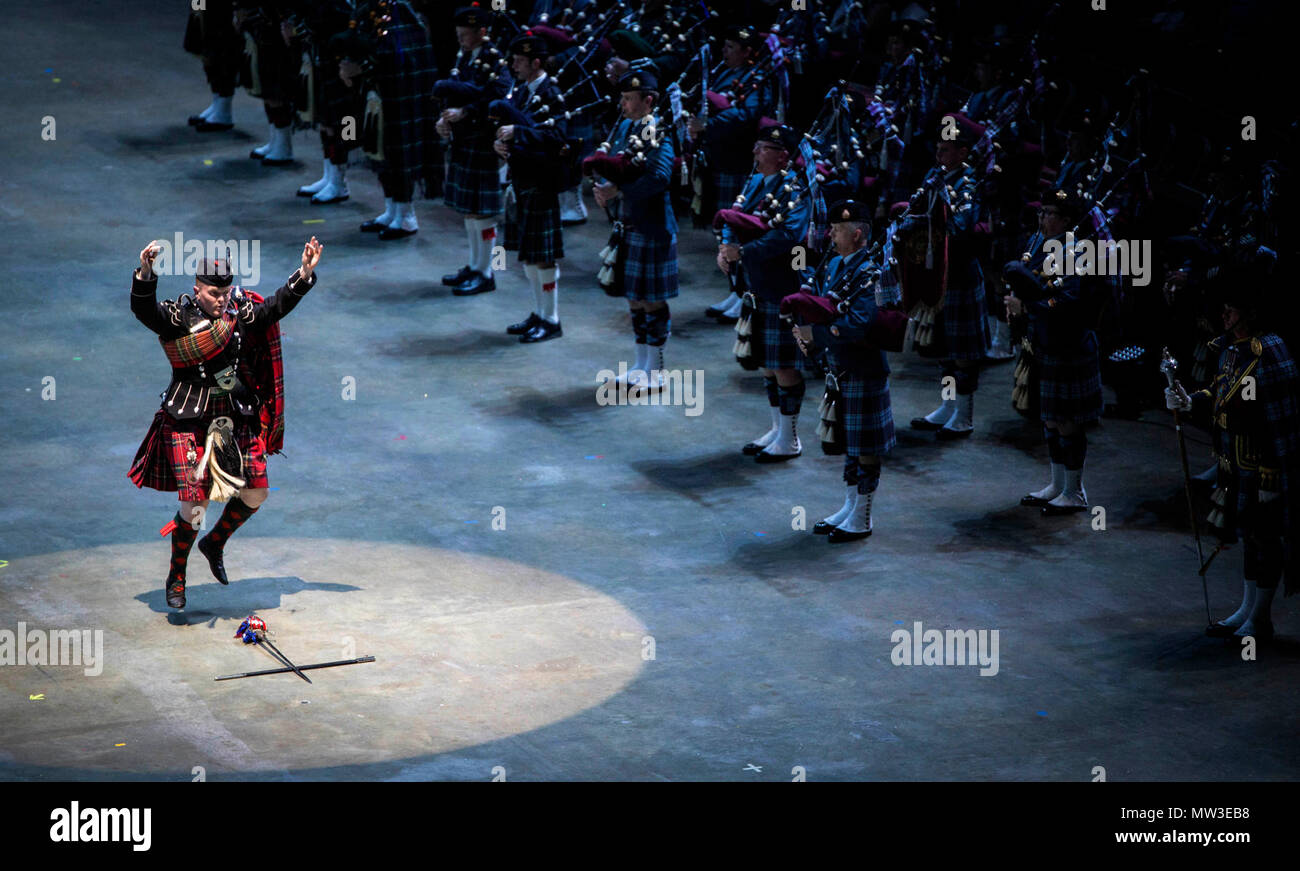 A performer with Pipes and Drums, 1st Battalion Scots Guards, performs ...