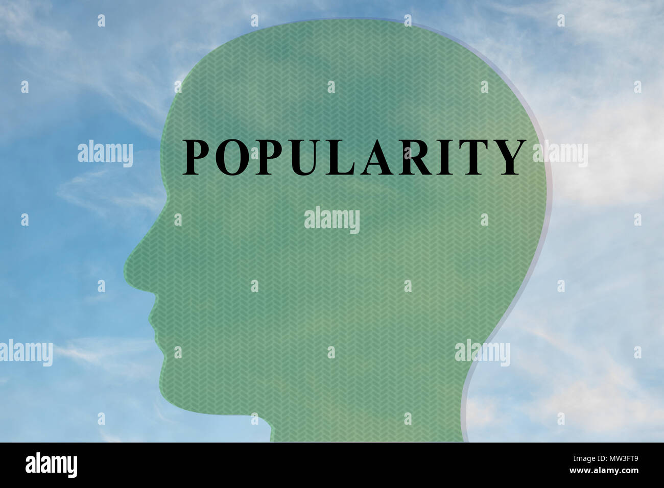 Render illustration of POPULARITY title on head silhouette, with cloudy ...