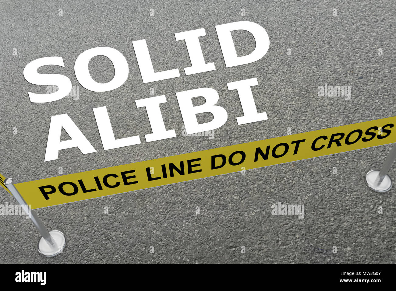 3D illustration of SOLID ALIBI title on the ground in a police arena ...