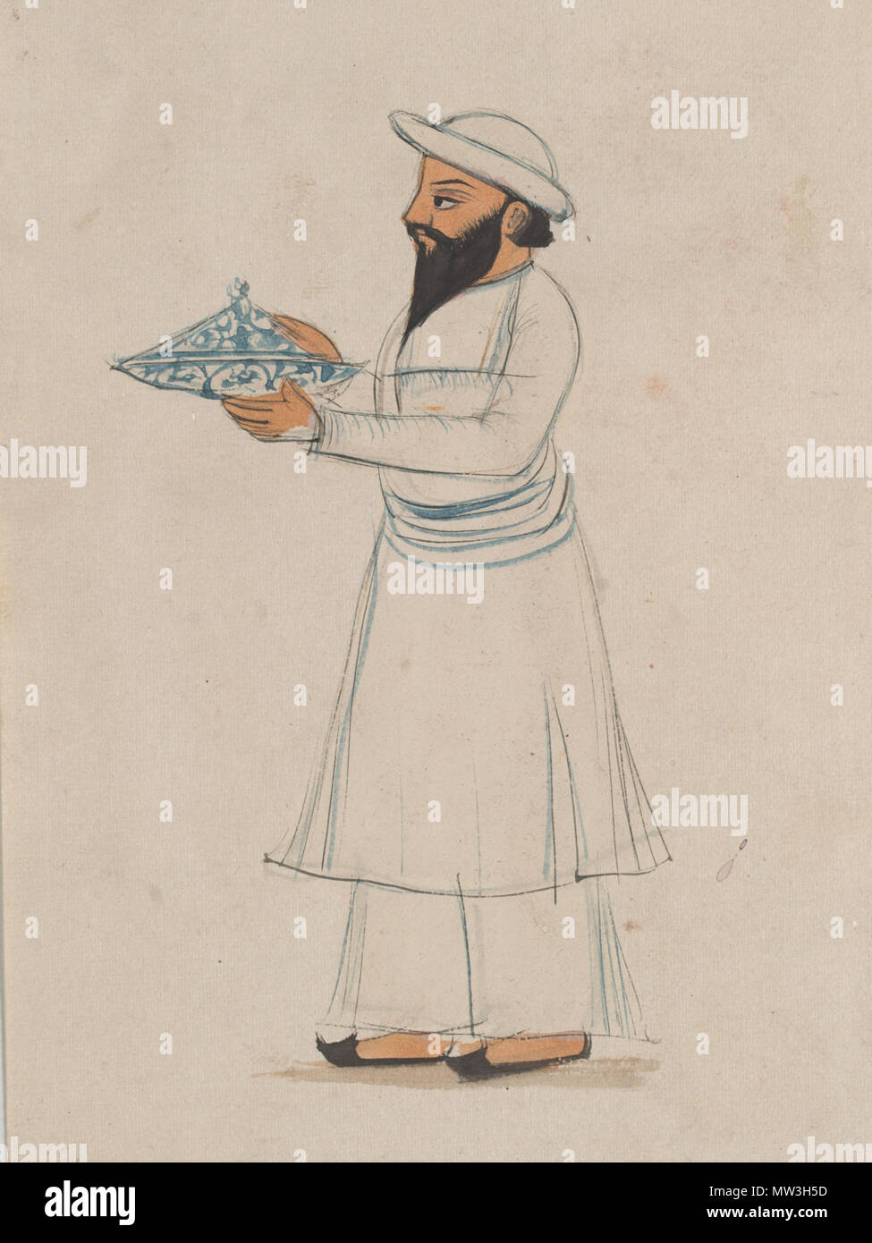 . English: Brush drawing on paper of a household servant carrying a ...