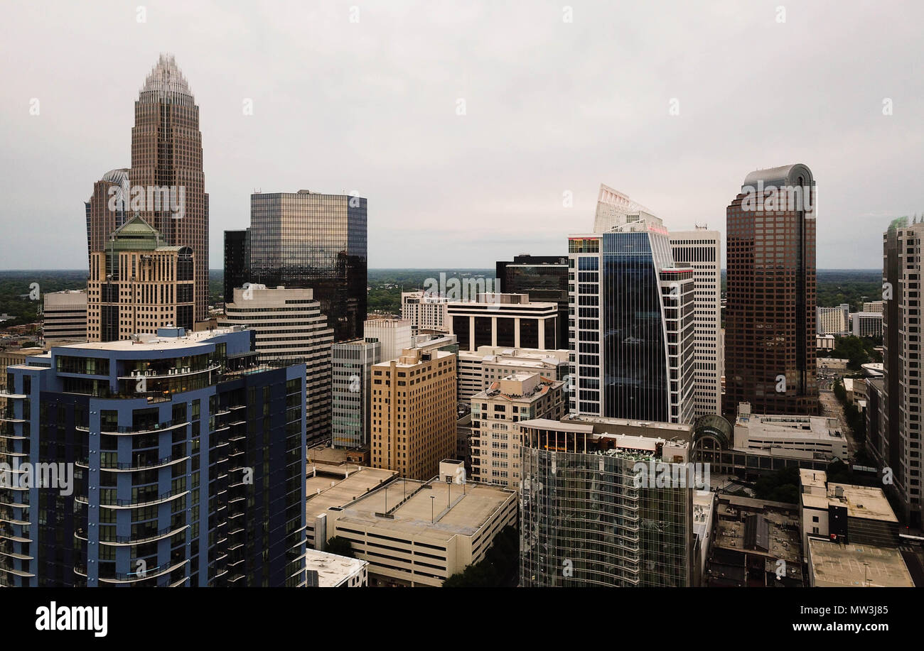 A bird's eye view over the inner city skyline of Charlotte North ...