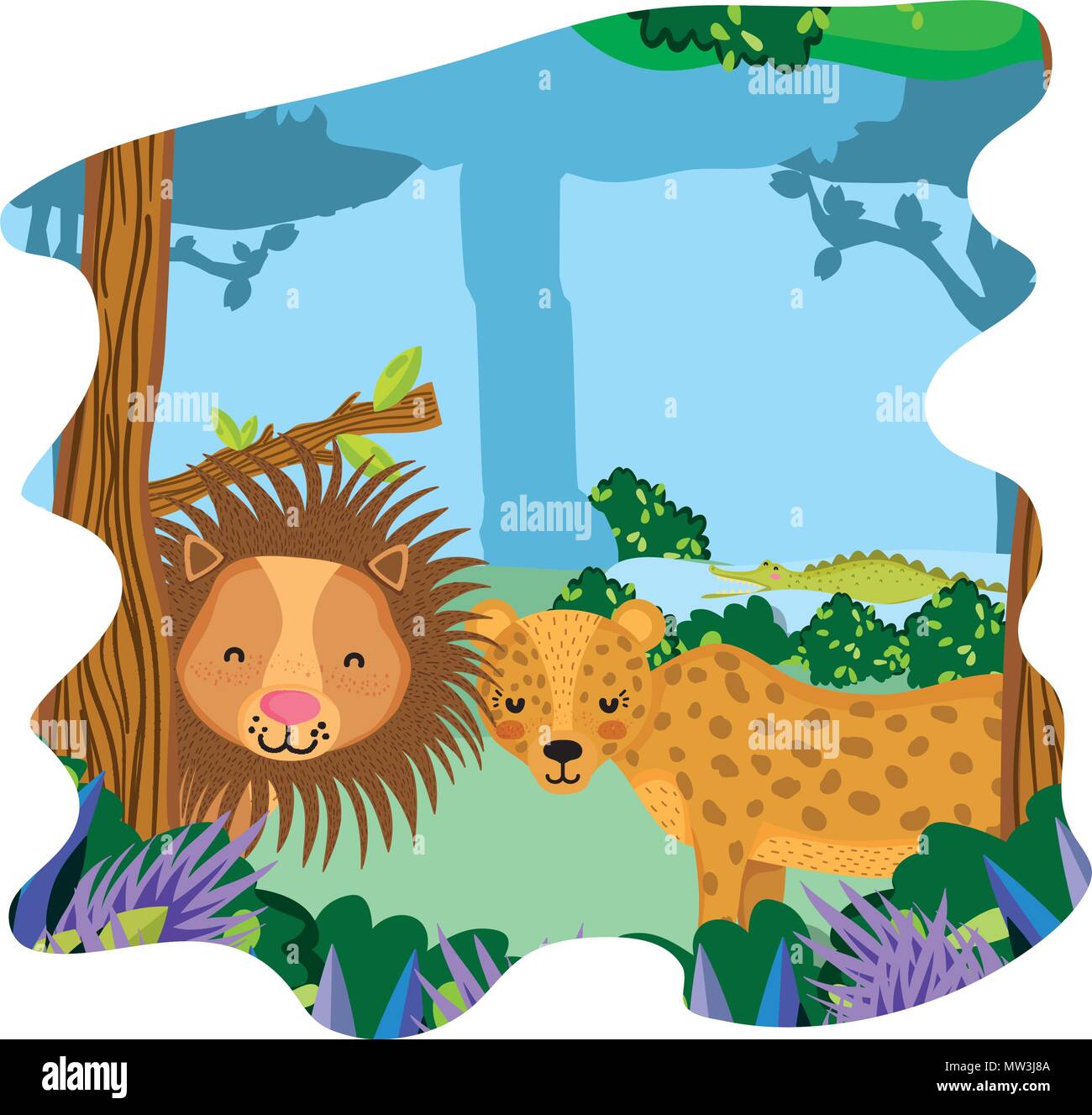 adorable lion and leopard friends animals in the forest Stock Vector ...