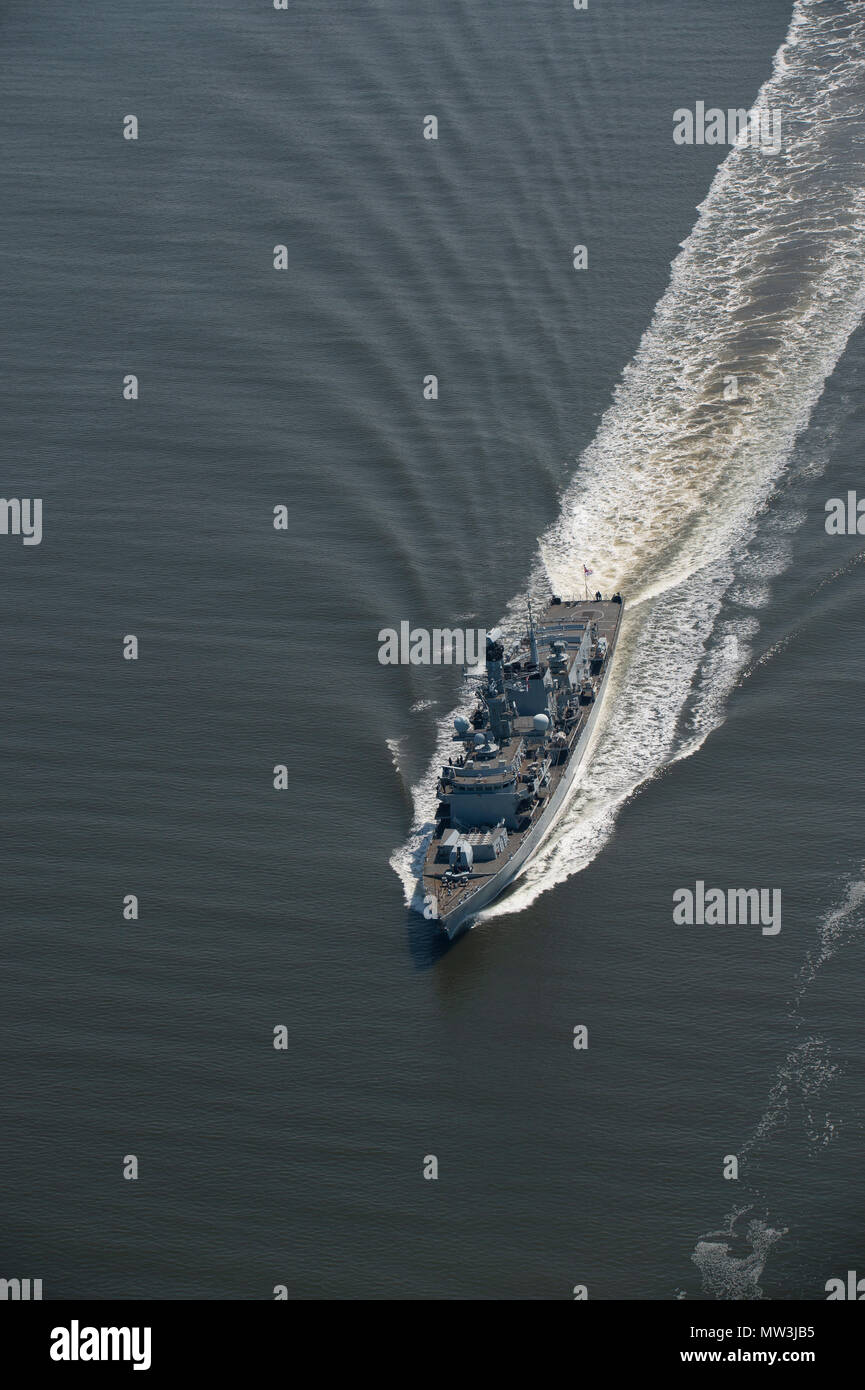 Aerial photo of Royal Navy Frigate on calm sea Stock Photo - Alamy