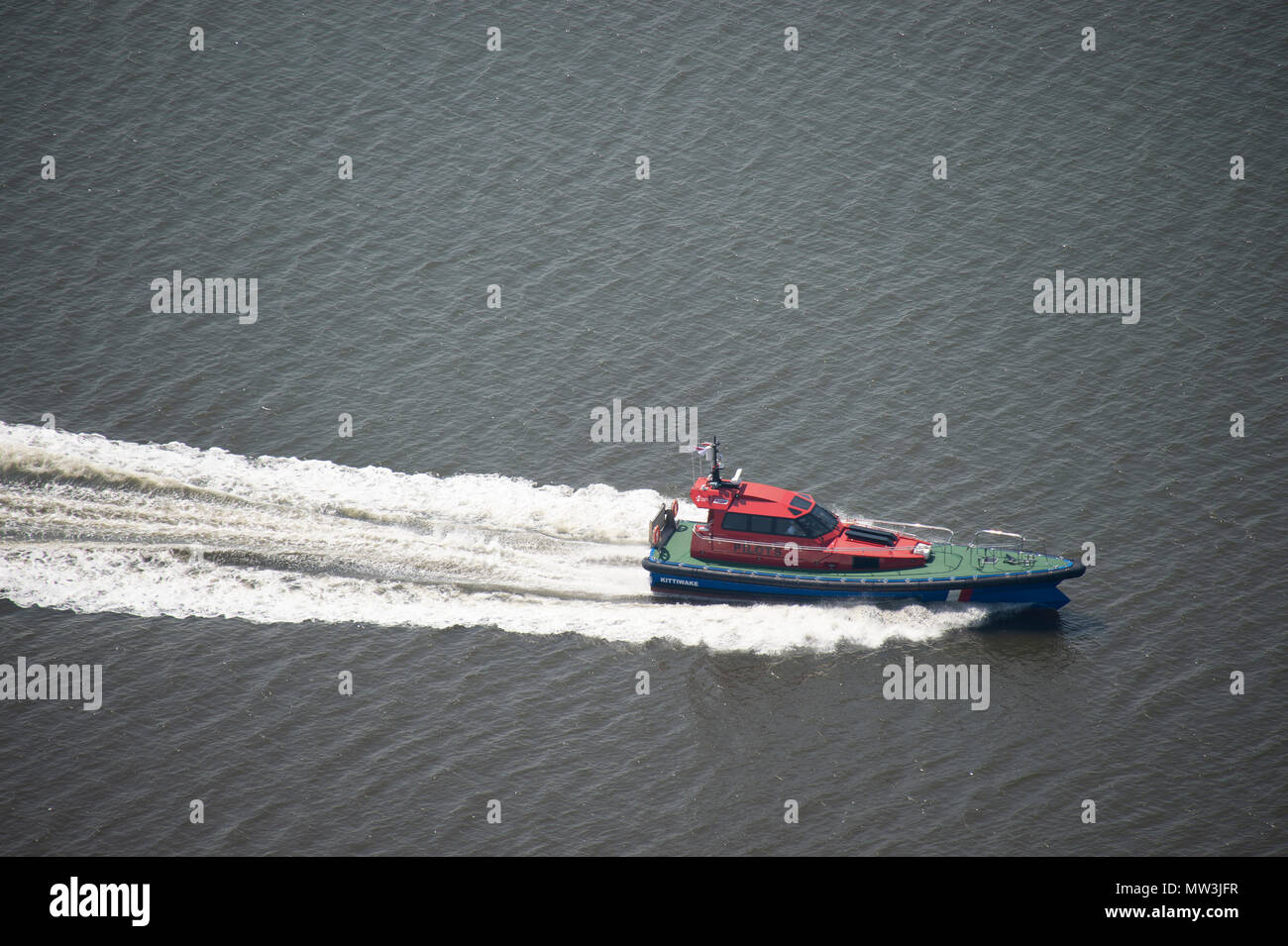 Aerial photo of Liverpool Pilot boat speeding out of the Mersey Stock ...