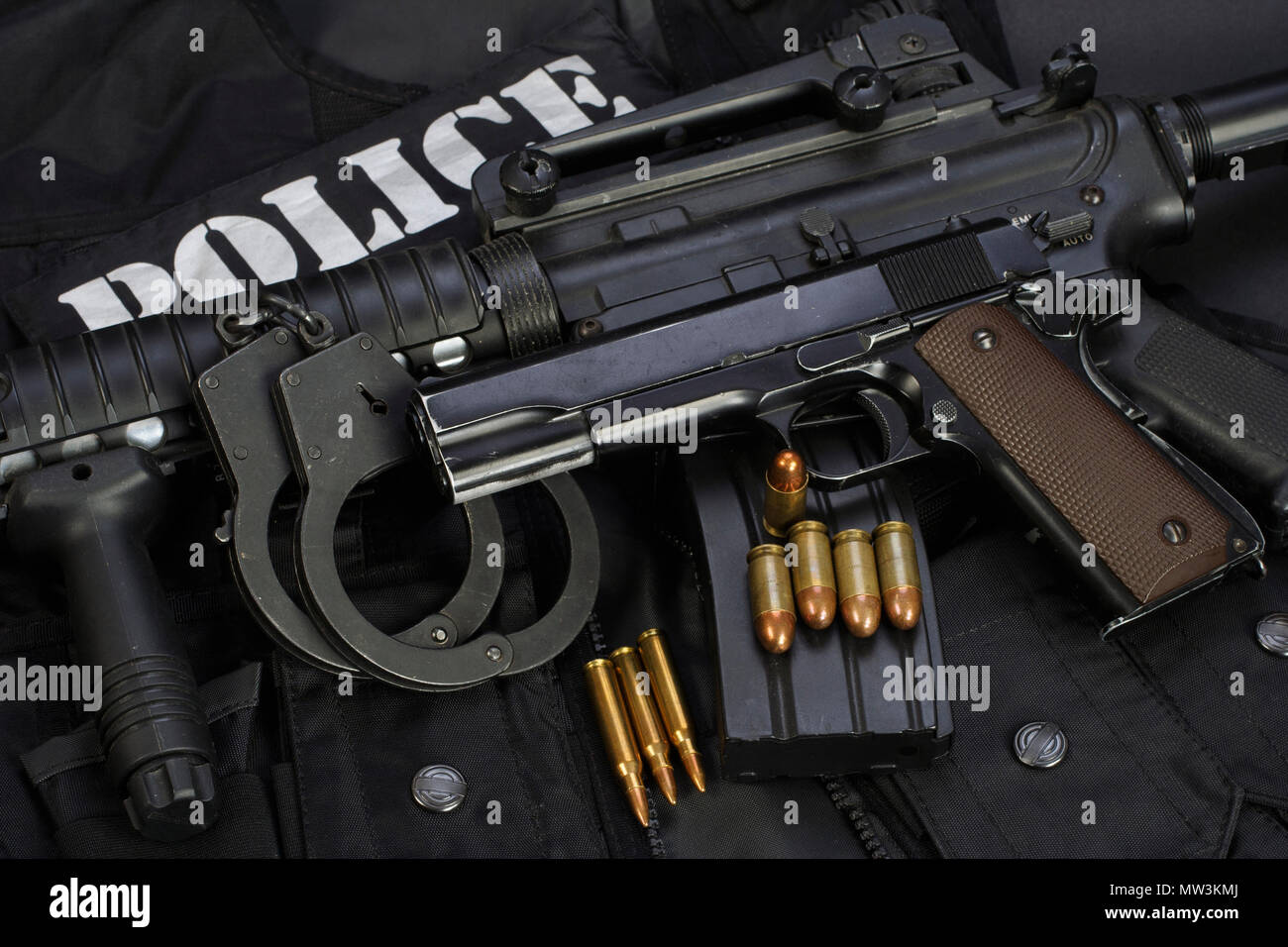 Special weapons and tactics team equipment on black background Stock ...