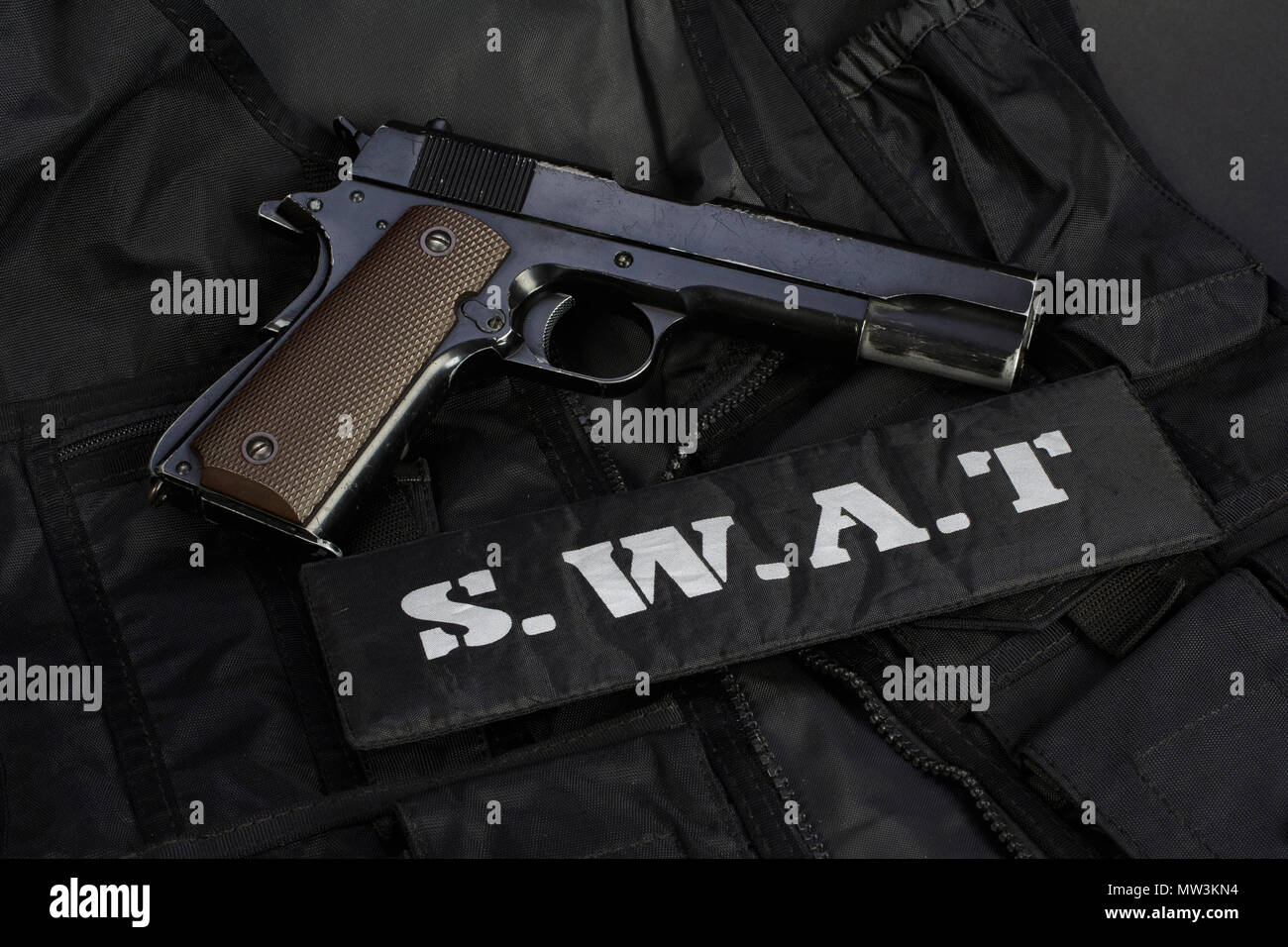 Special weapons and tactics team equipment on black background Stock ...