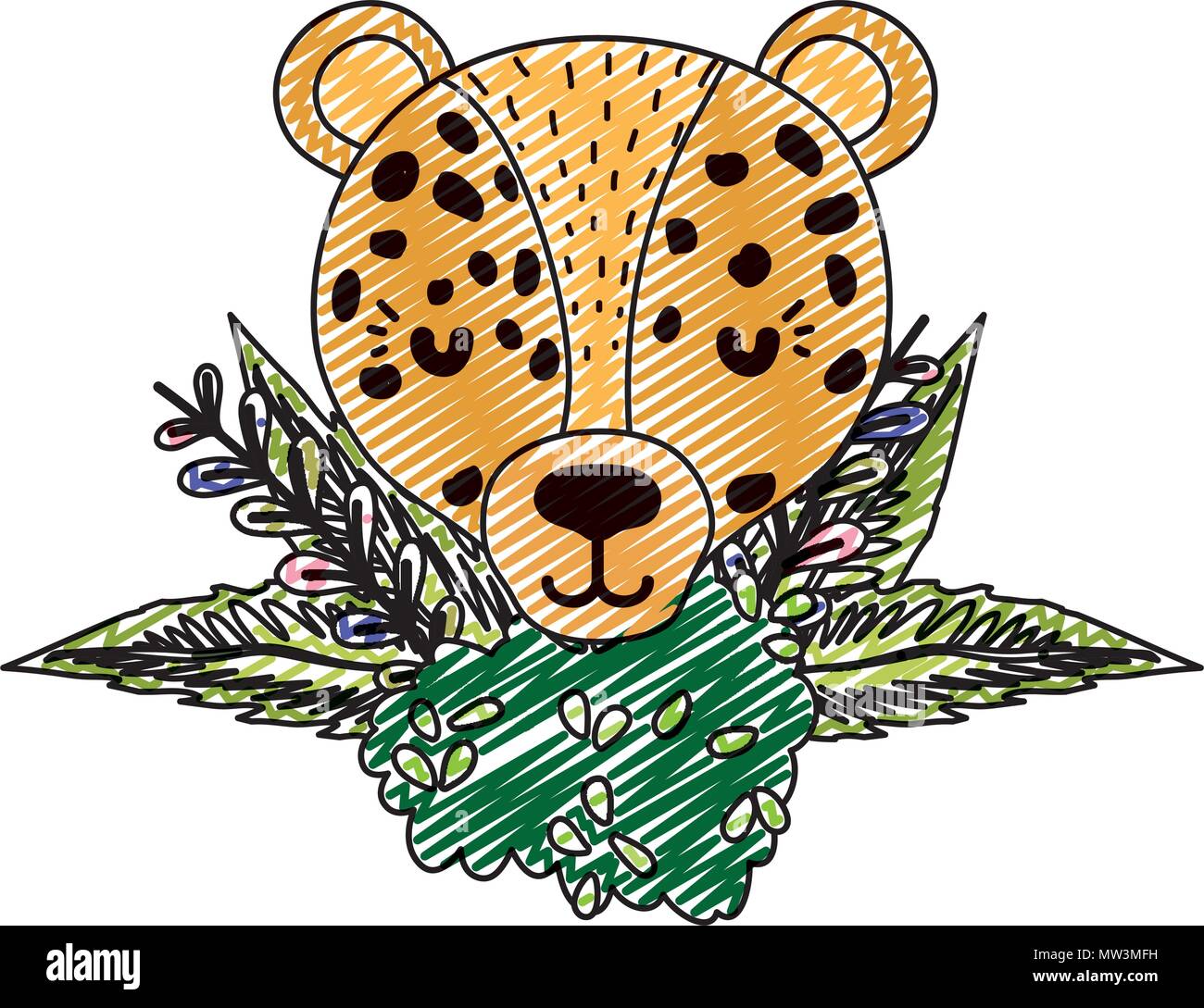 doodle leopard head animal with bush flowers plants Stock Vector Image ...