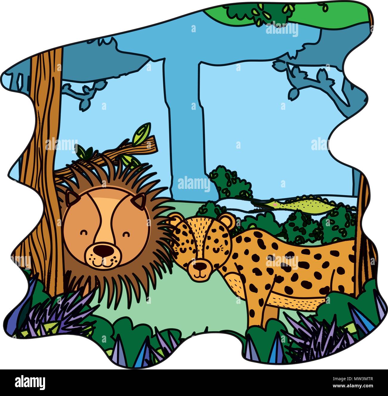 color adorable lion and leopard friends animals in the forest Stock ...