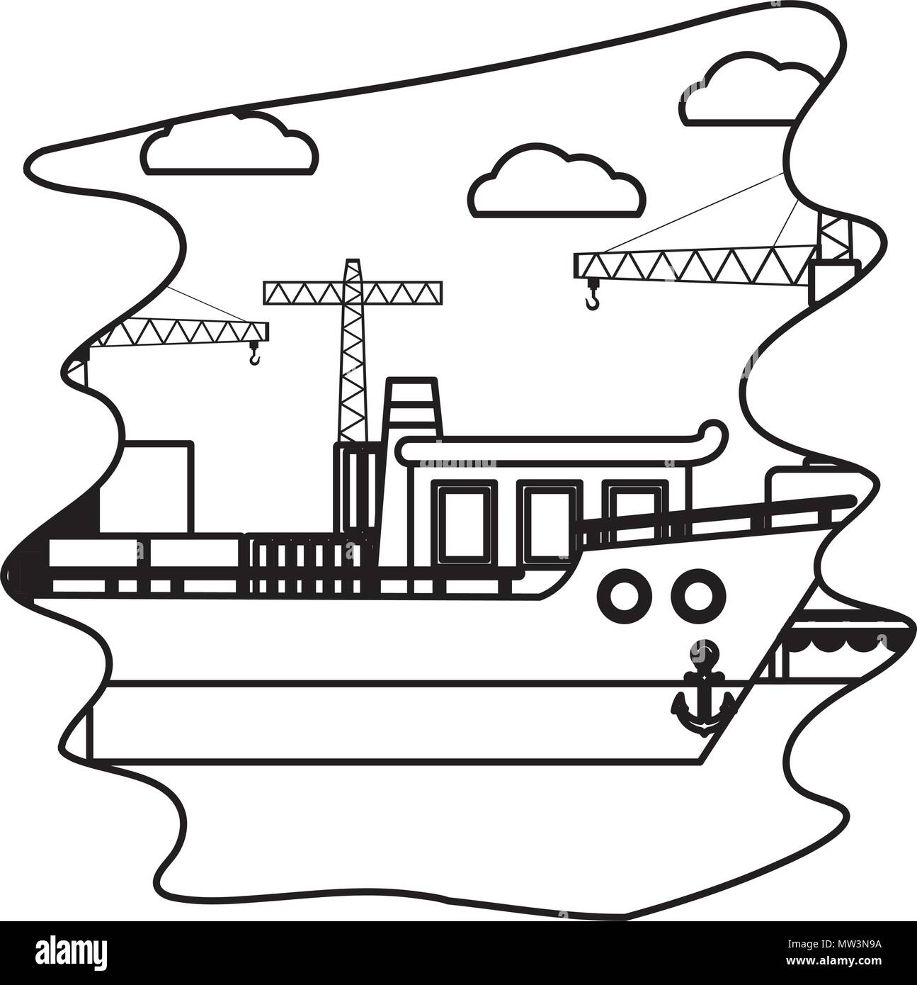 line ship transport with crane object and containers Stock Vector Image ...