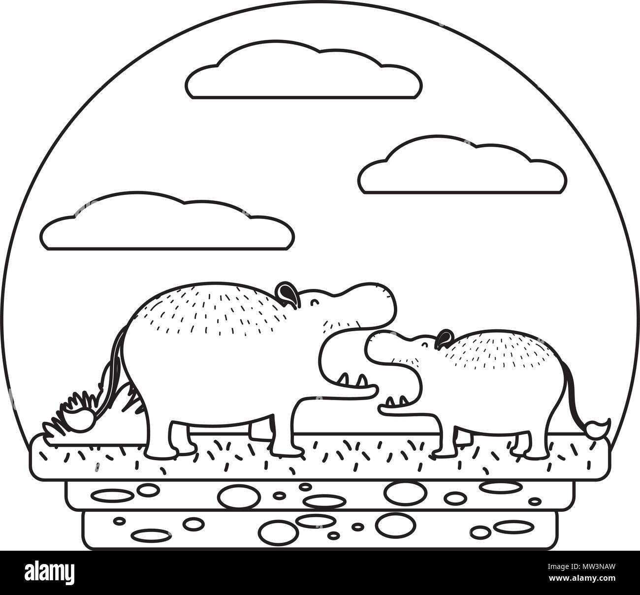 line nice hippopotamus animal with its son in the landscape Stock ...