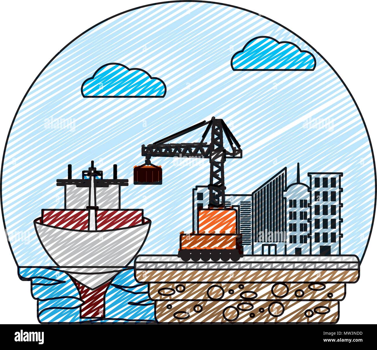 doodle ship transport and crane with container cargo Stock Vector Image ...