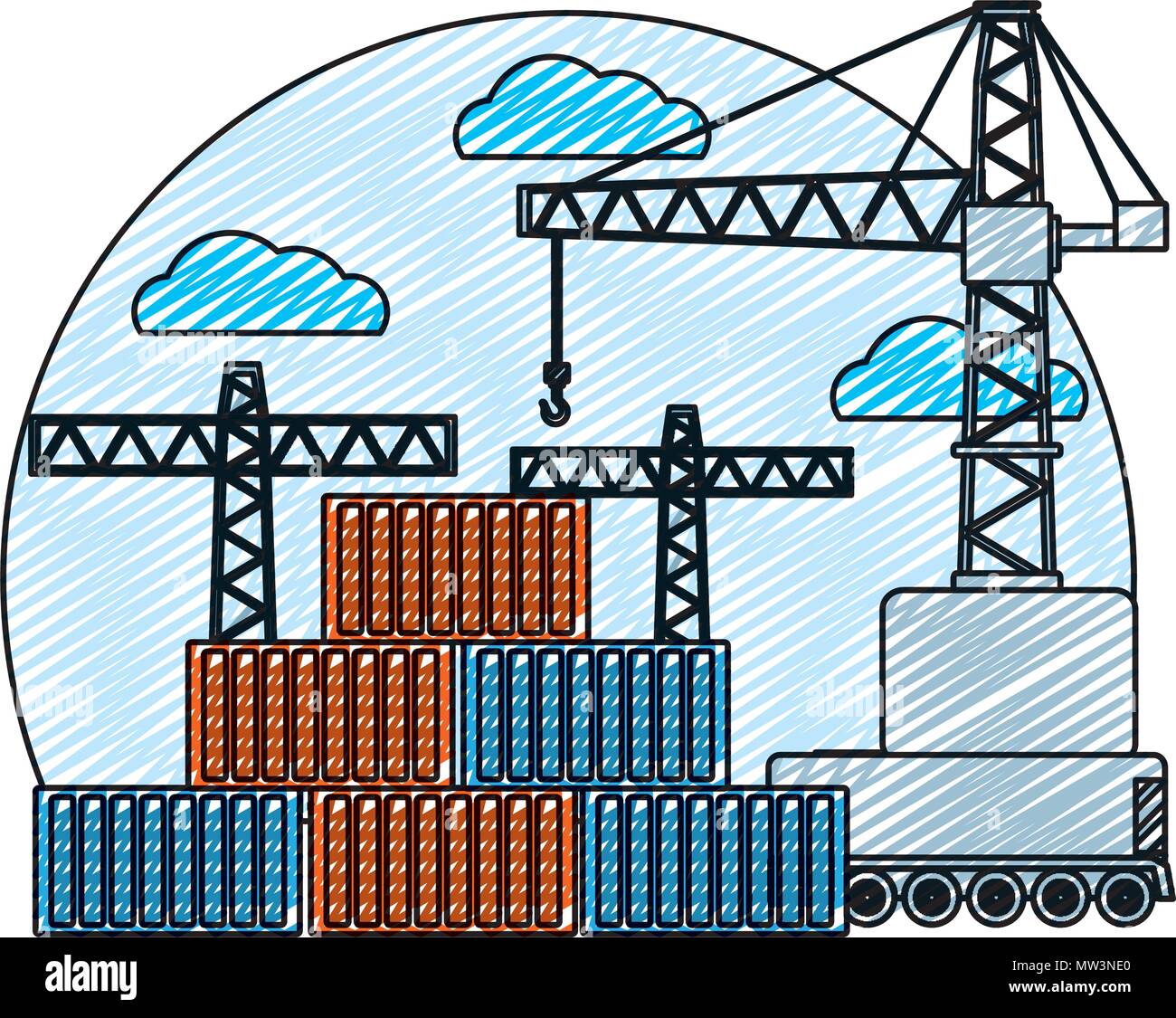 doodle delivery cargo containers and crane object Stock Vector Image ...