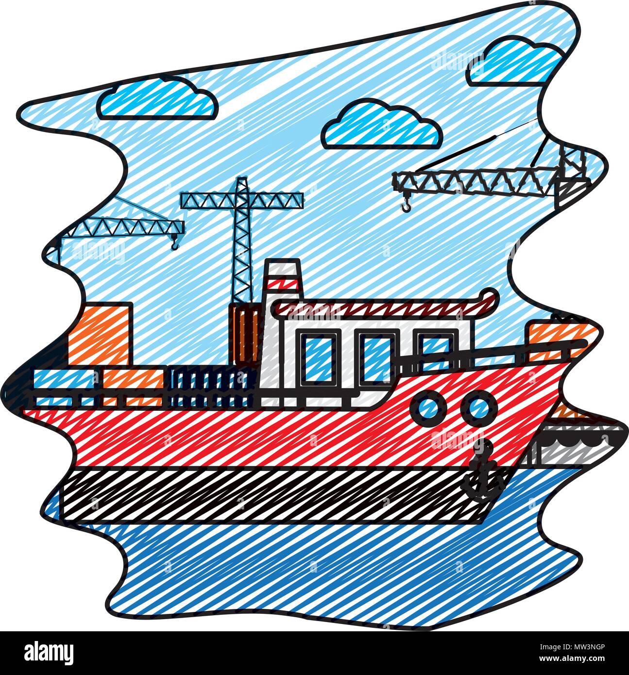 doodle ship transport with crane object and containers Stock Vector ...