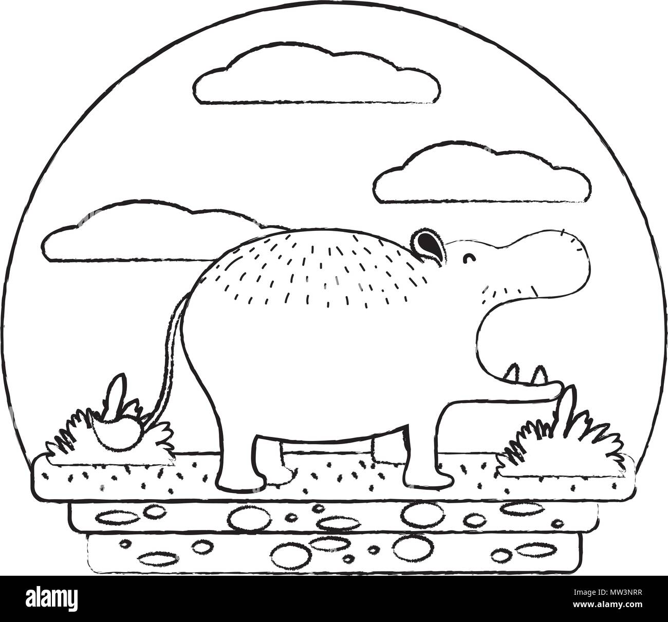 grunge nice hippopotamus wild animal in the landscape Stock Vector ...