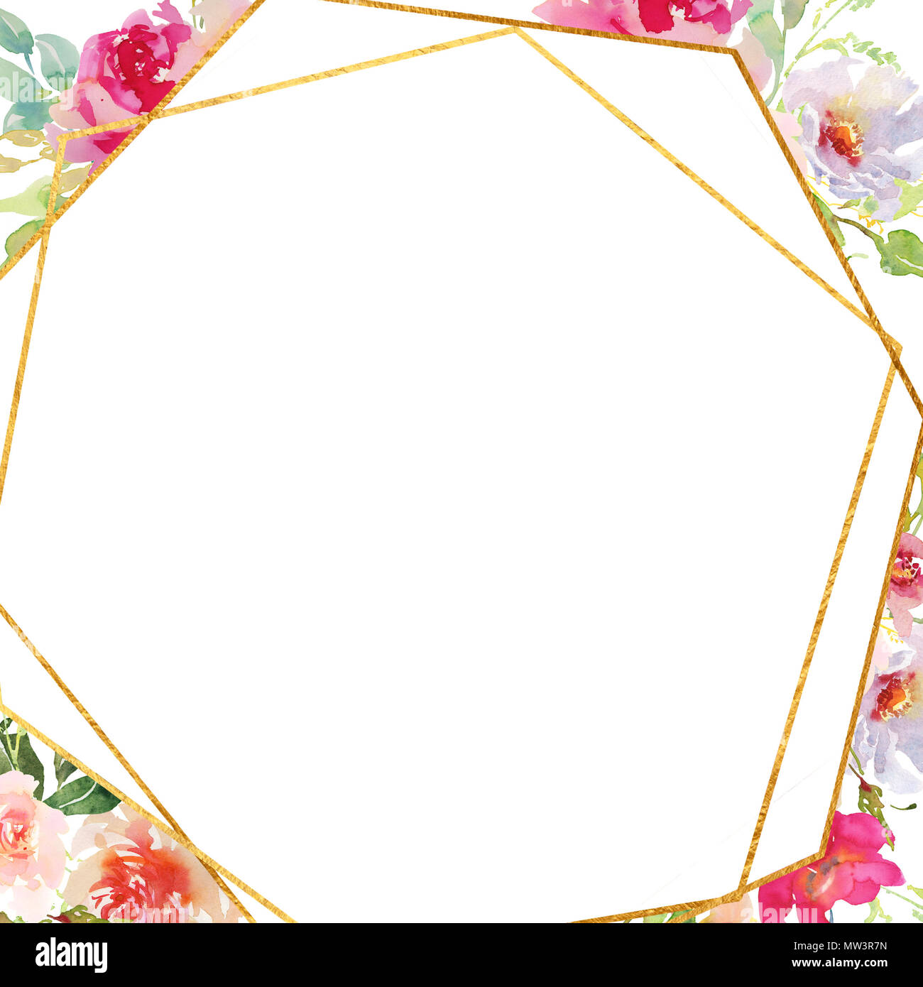 Hand drawing watercolor Wedding frame wreath green and purple flowers ...