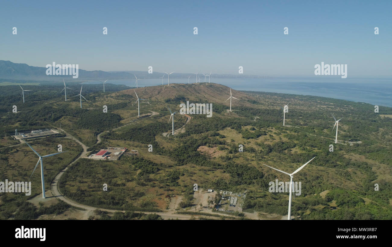 Aerial view of Windmills for electric power production on the seashore ...
