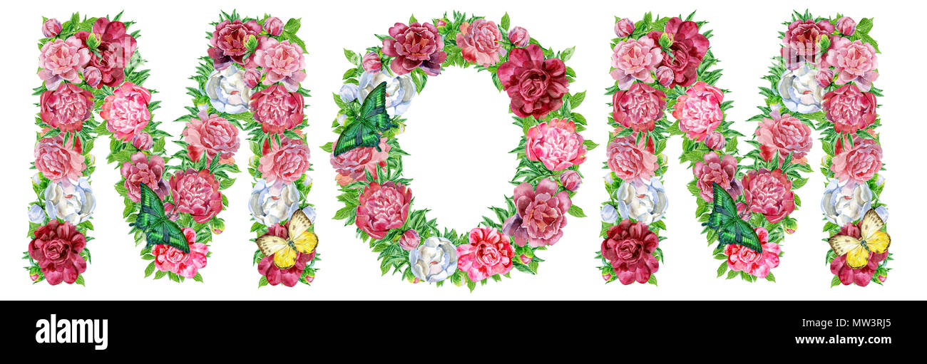 Word MOM of watercolor flowers, isolated hand drawn on a white ...