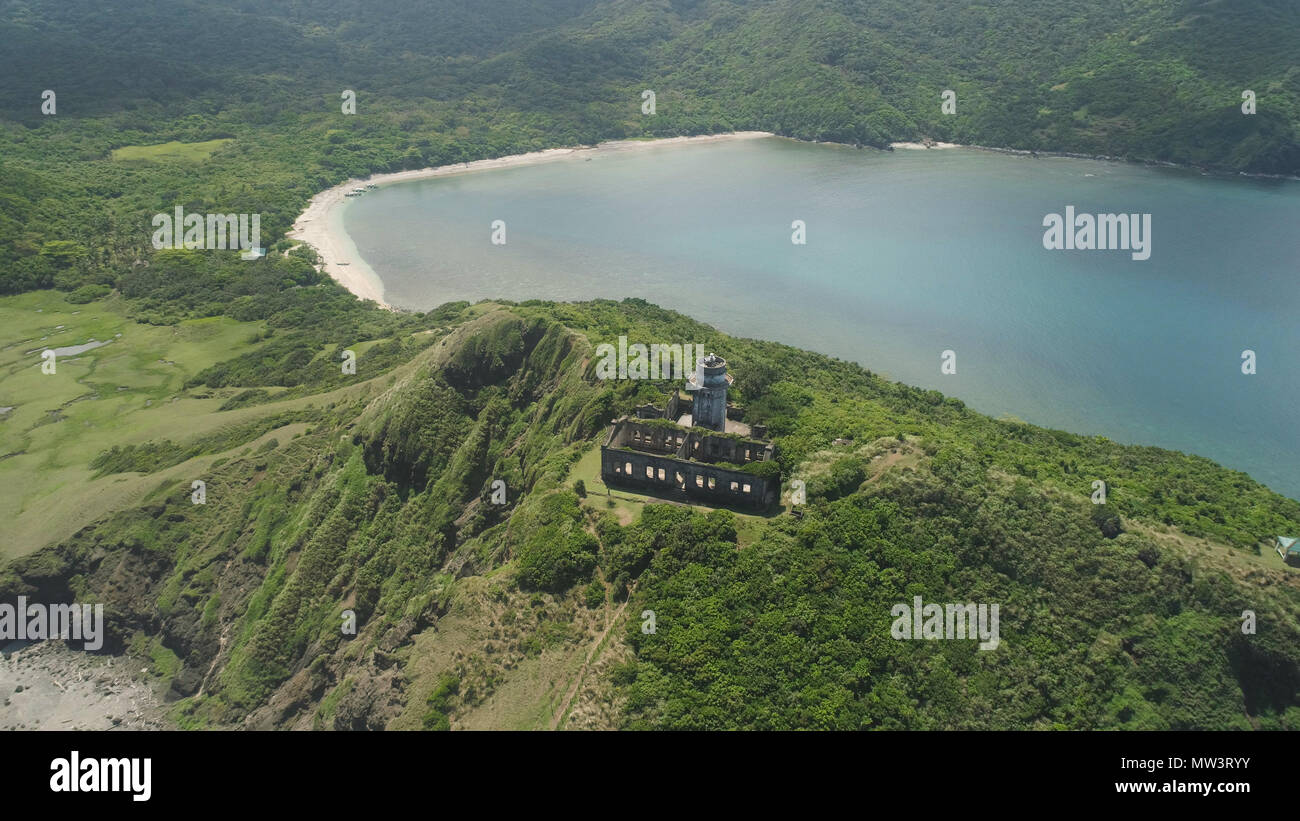 Aerial view of lighthouse in Palau island. Lighthouse in cape Engano ...
