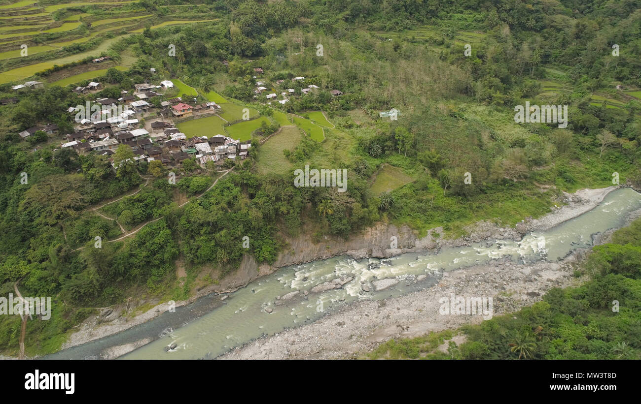 Aerial view of rice fields and agricultural land on the slopes of the ...
