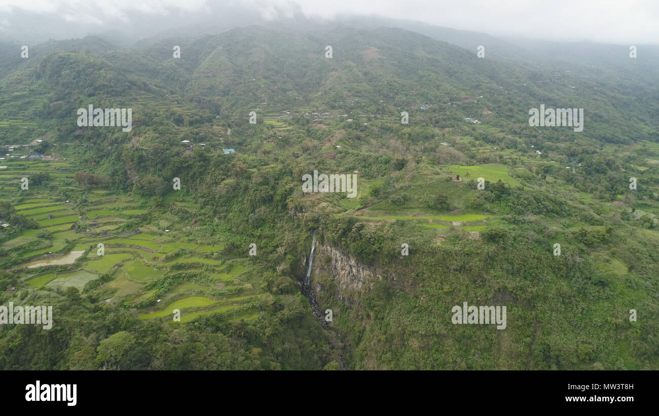 Aerial view of rice fields and agricultural land on the slopes of the ...